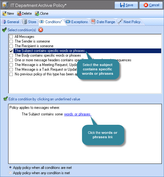 Exclaimer Mail Archiver How Do I Define A Policy Based Upon A Subject Line Trigger Word
